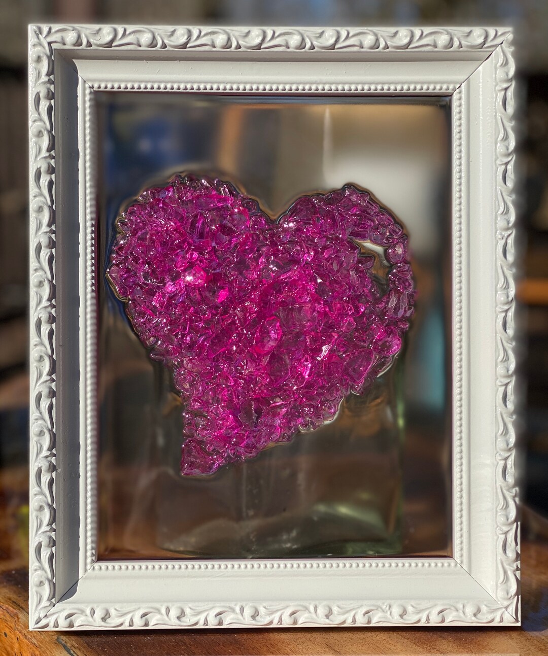 Hot Pink Crushed Glass Heart on Glass and Covered in Resin - Etsy