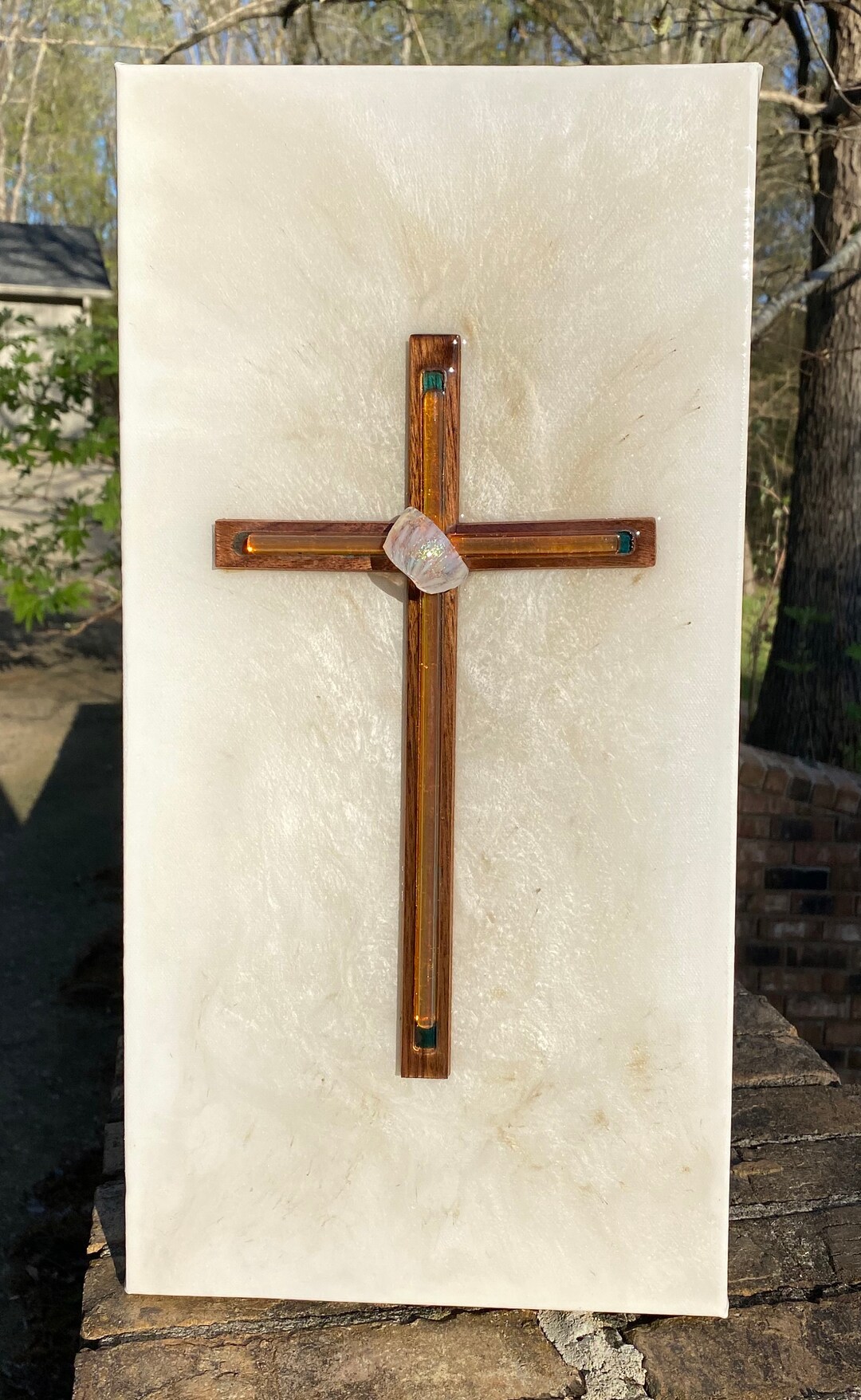 Mahogany, Dichroic Glass and Rod Glass Cross on Pre-resined Background ...