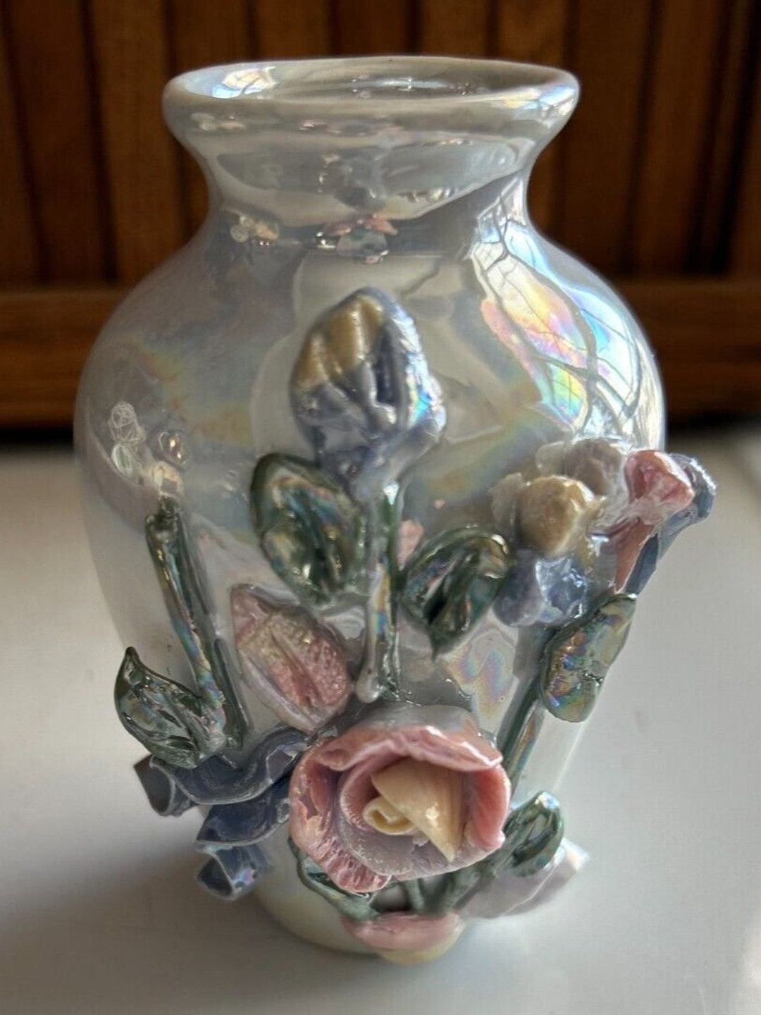 Vintage LUSTERWARE Vase With Applied Flowers Porcelain Iridescent 4-5 ...