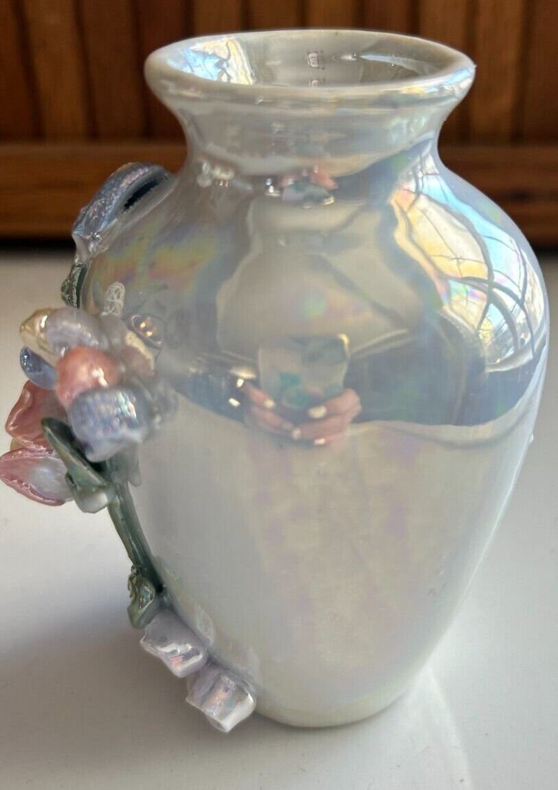 Vintage LUSTERWARE Vase With Applied Flowers Porcelain Iridescent 4-5 ...