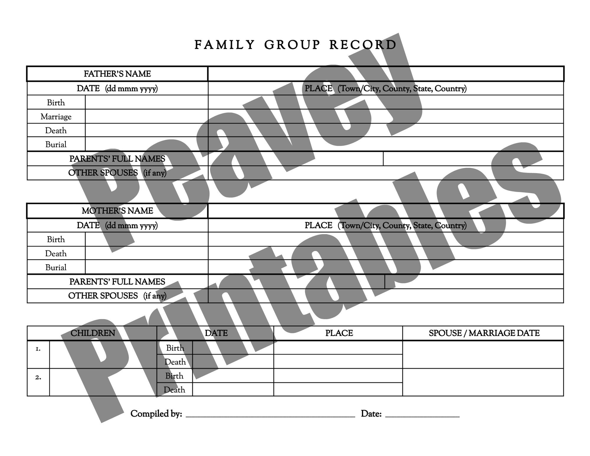 Genealogy Form: Family Group Record (plain) - Etsy