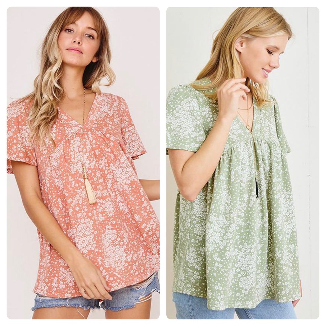 Women's Ditsy Floral Print Knit Flowy Loose Ft Oversize Babydoll V-neck ...
