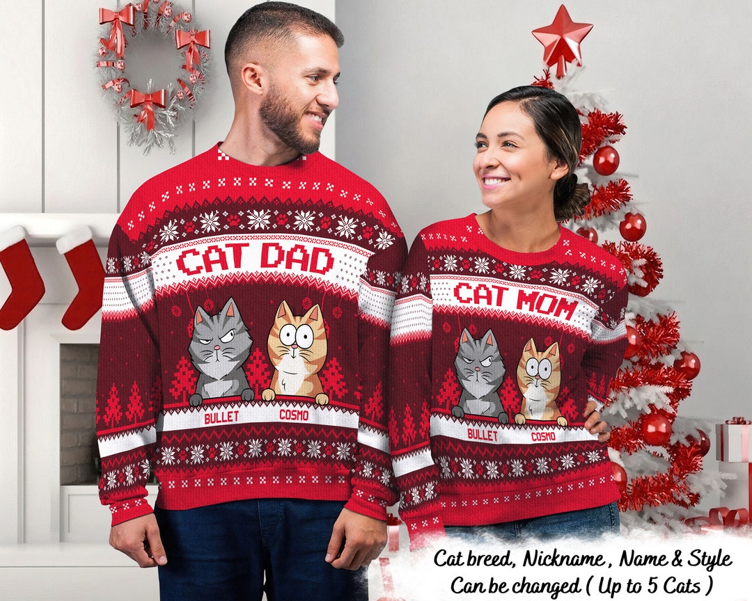 Best Cat Mom Cat Dad Ever Personalized Ugly Sweater, Couples Matching ...