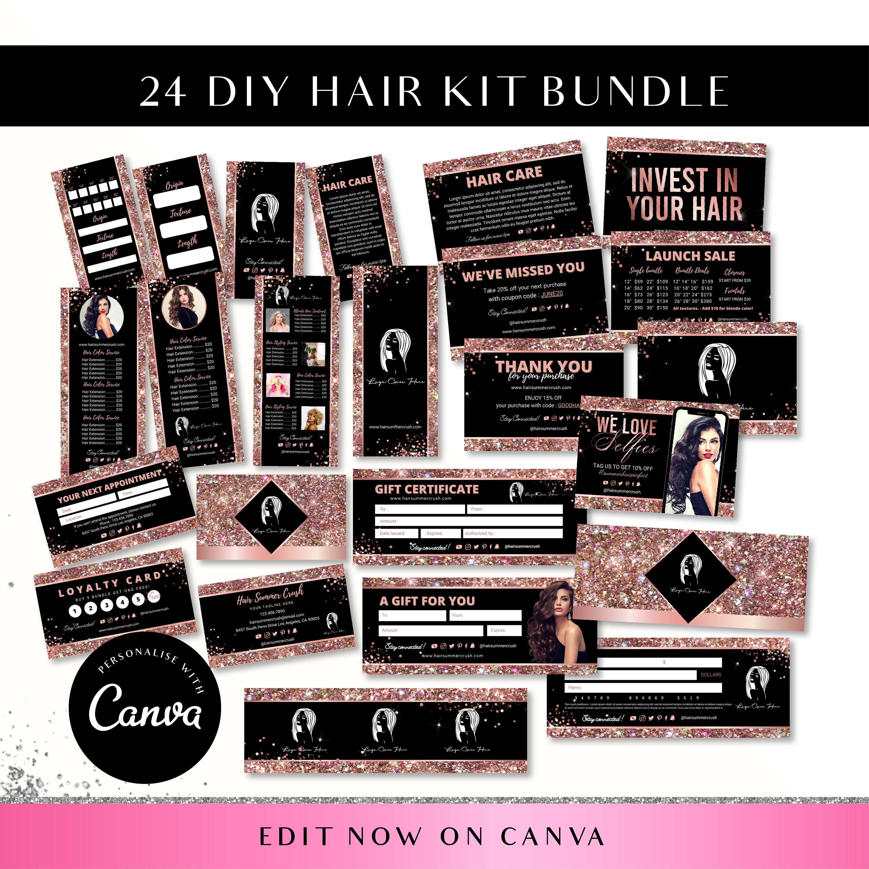 Beauty Branding Kit Hang Tags Hair Bundle Wraps DIY 27pc Holographic ...