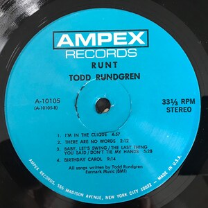 1970 Todd Rundgren “runt” Vinyl LP on Ampex Records A-10105/stereo With 10 Tracks Long Player - Etsy