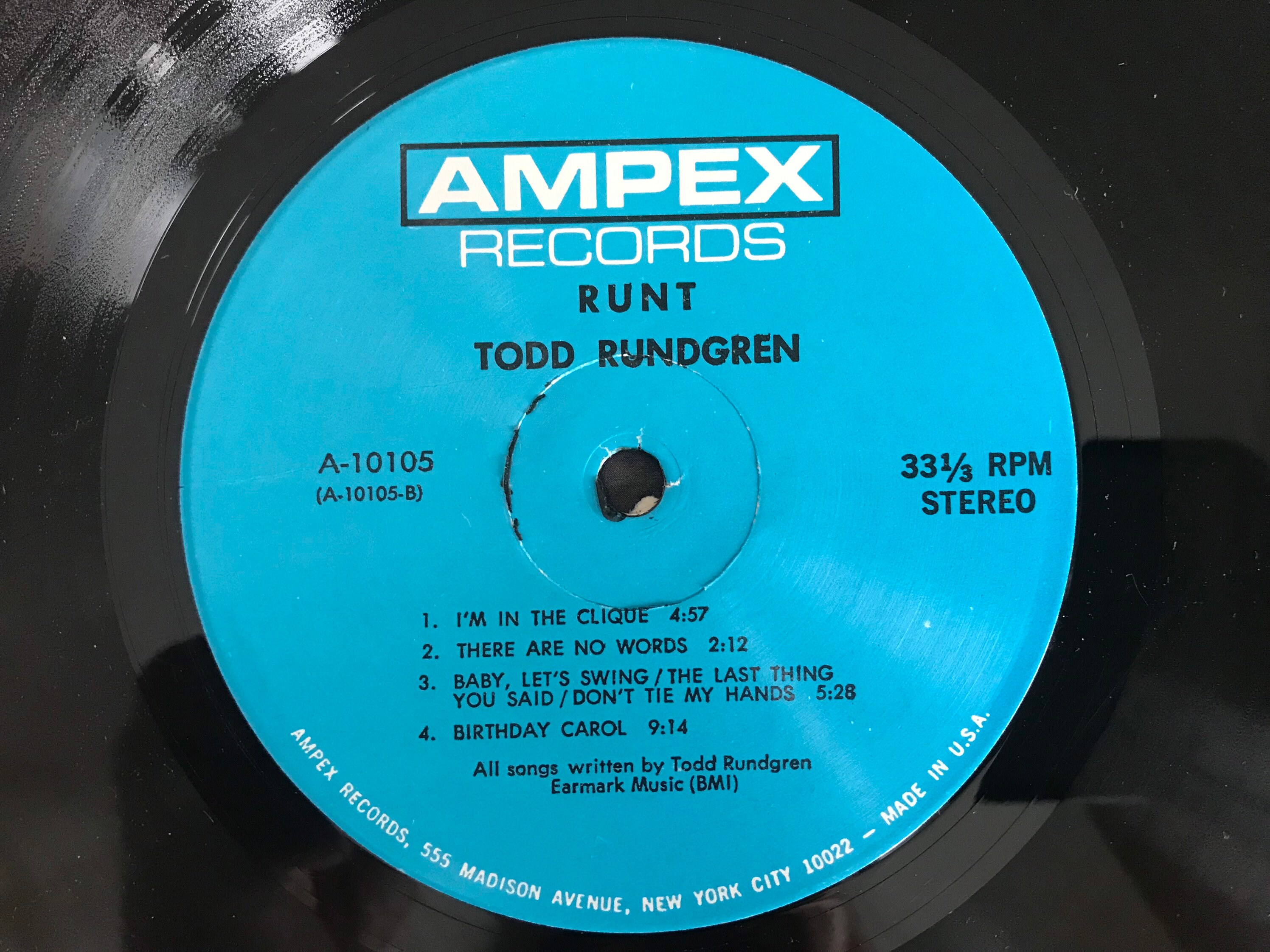 1970 Todd Rundgren runt Vinyl LP on Ampex Records A-10105/stereo With ...