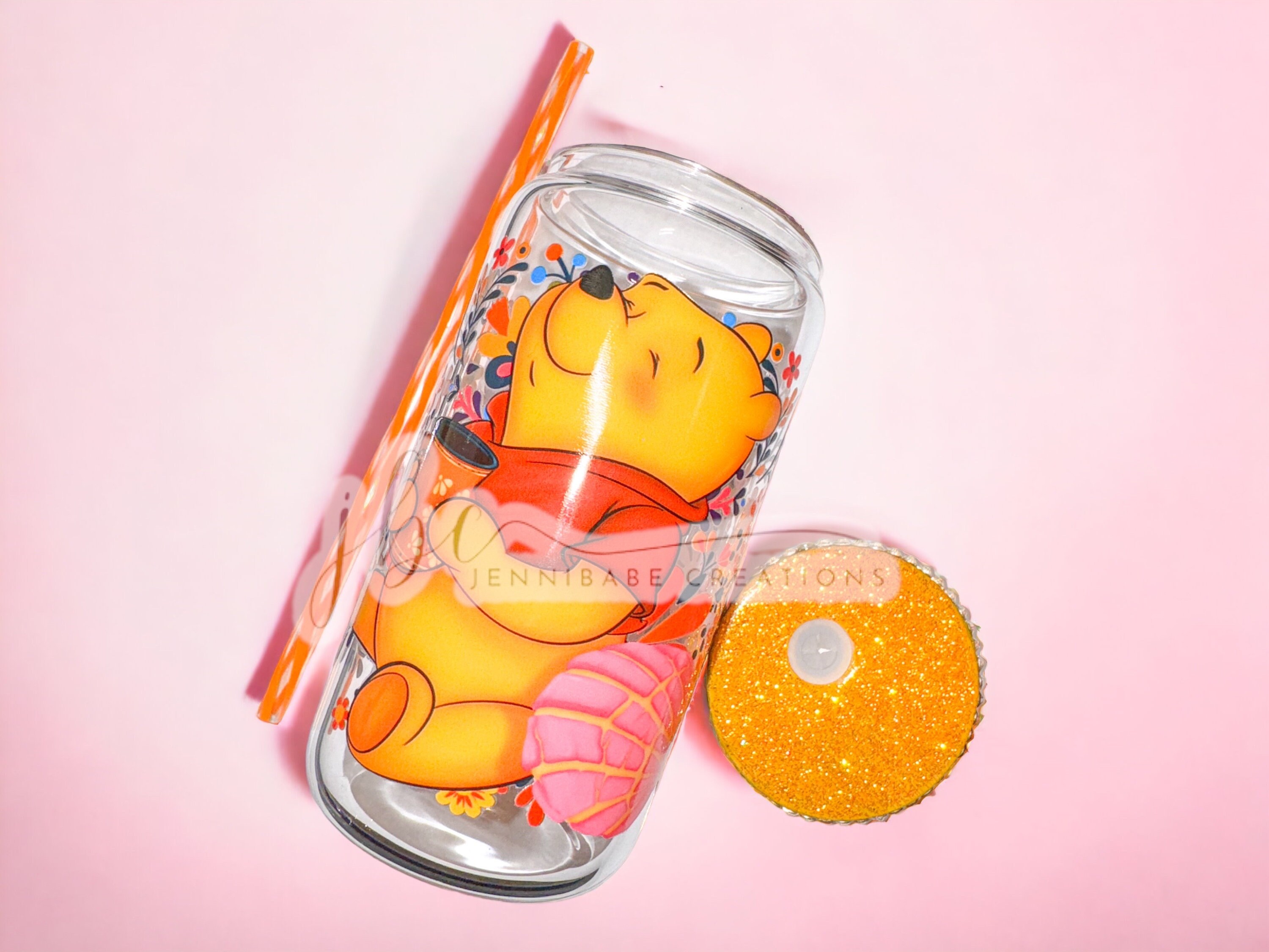 Winnie Bear W/ Concha Pan Dulce Glass Can With Bling Lid and Straw Bear ...