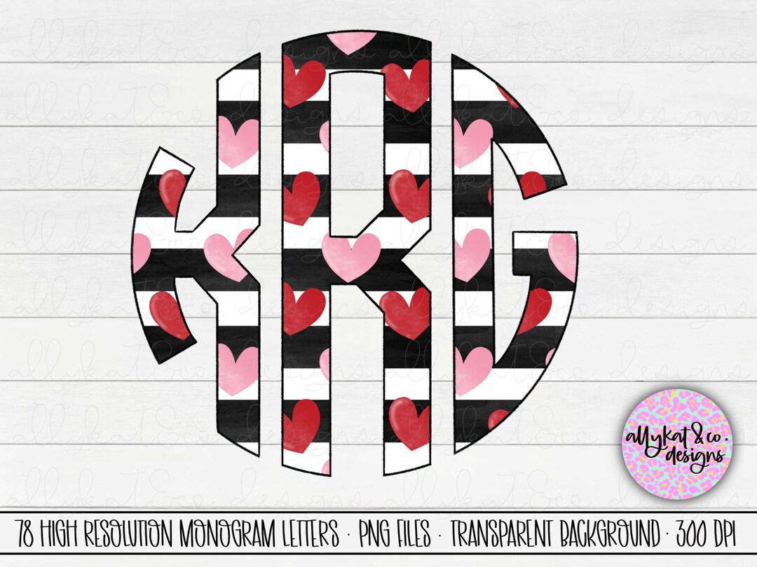 Valentine’s Day Sublimation Monogram, Watercolor Hearts Monogram ...