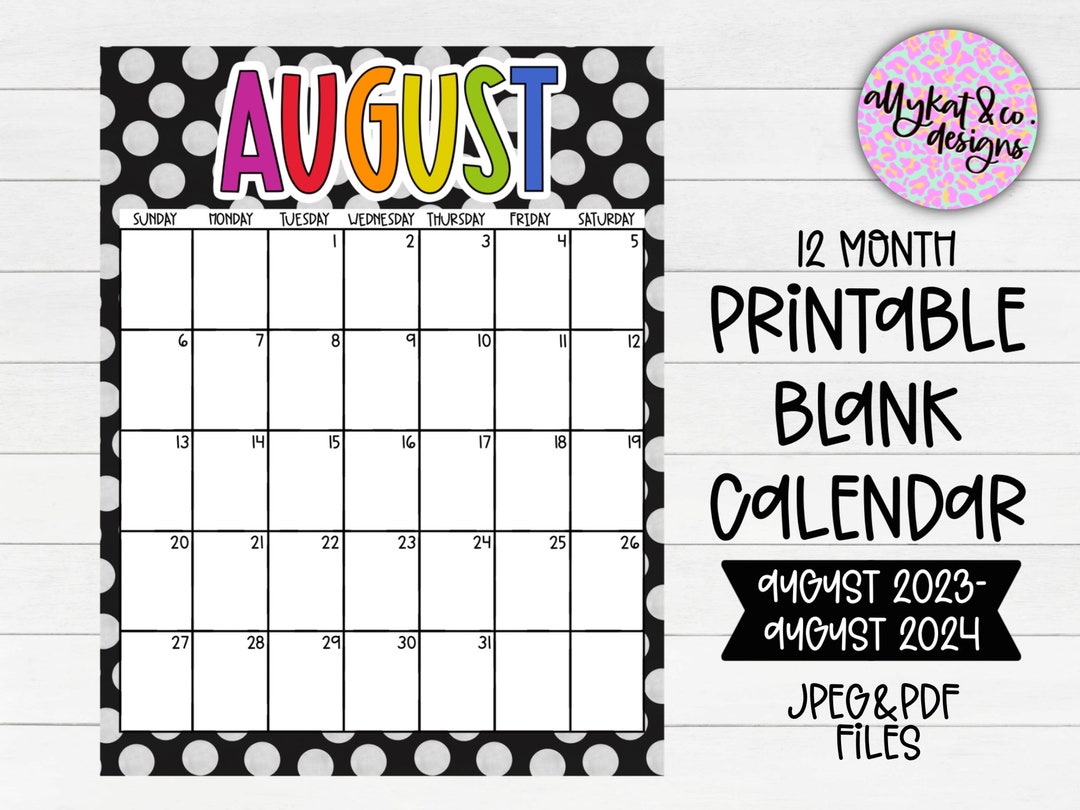 12 Month Black and White Polka Dots Printable Calendar, Blank Printable ...