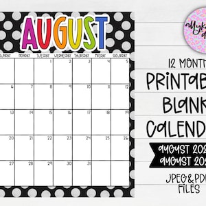 12 Month Black and White Polka Dots Printable Calendar, Blank Printable ...