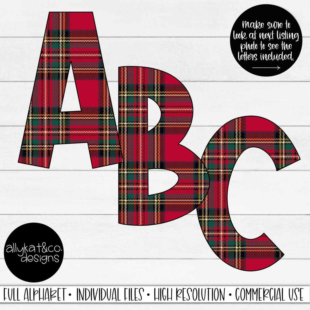 Red Tartan Plaid Alphabet Letters PNG Bundle: Christmas Doodle (digital ...
