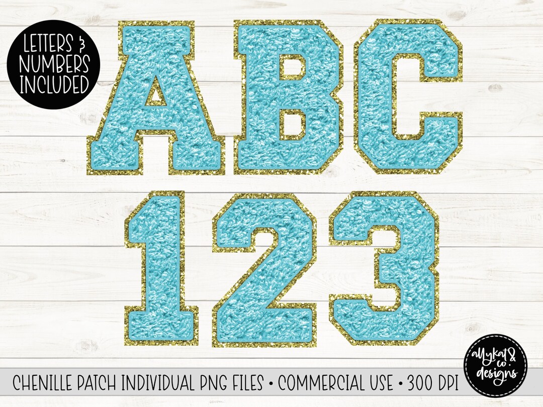 Faux Aqua Chenille Patch PNG Files, Varsity Letters and Numbers PNG ...