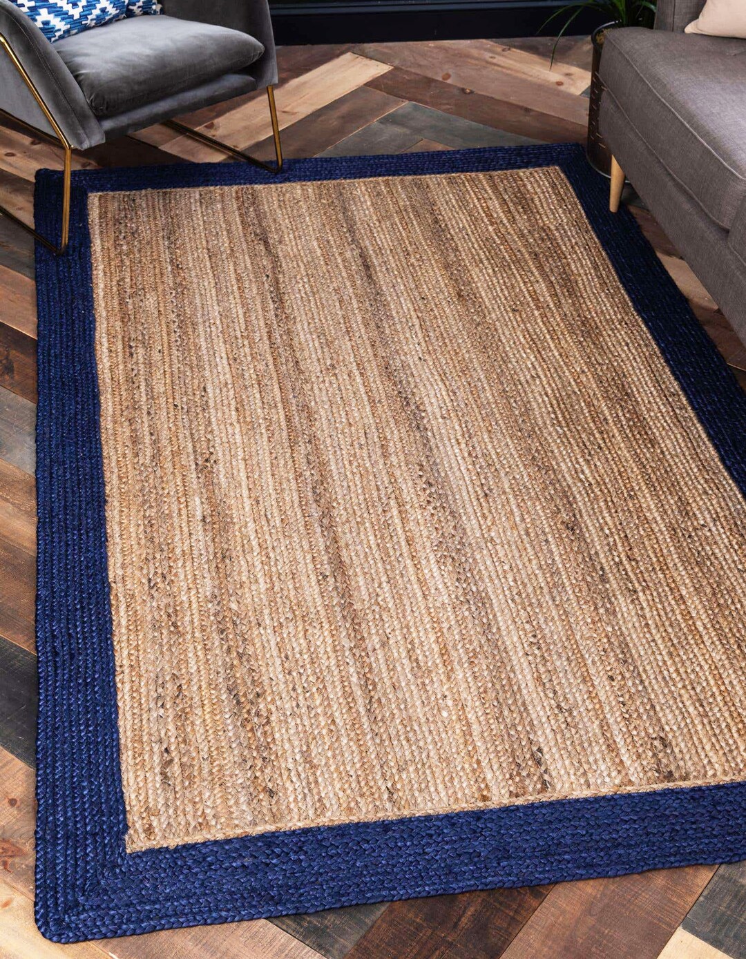 Navy Border Natural Jute Braided Rug 5x8, 6x9, 8x10 Jute Rug Bohemian ...