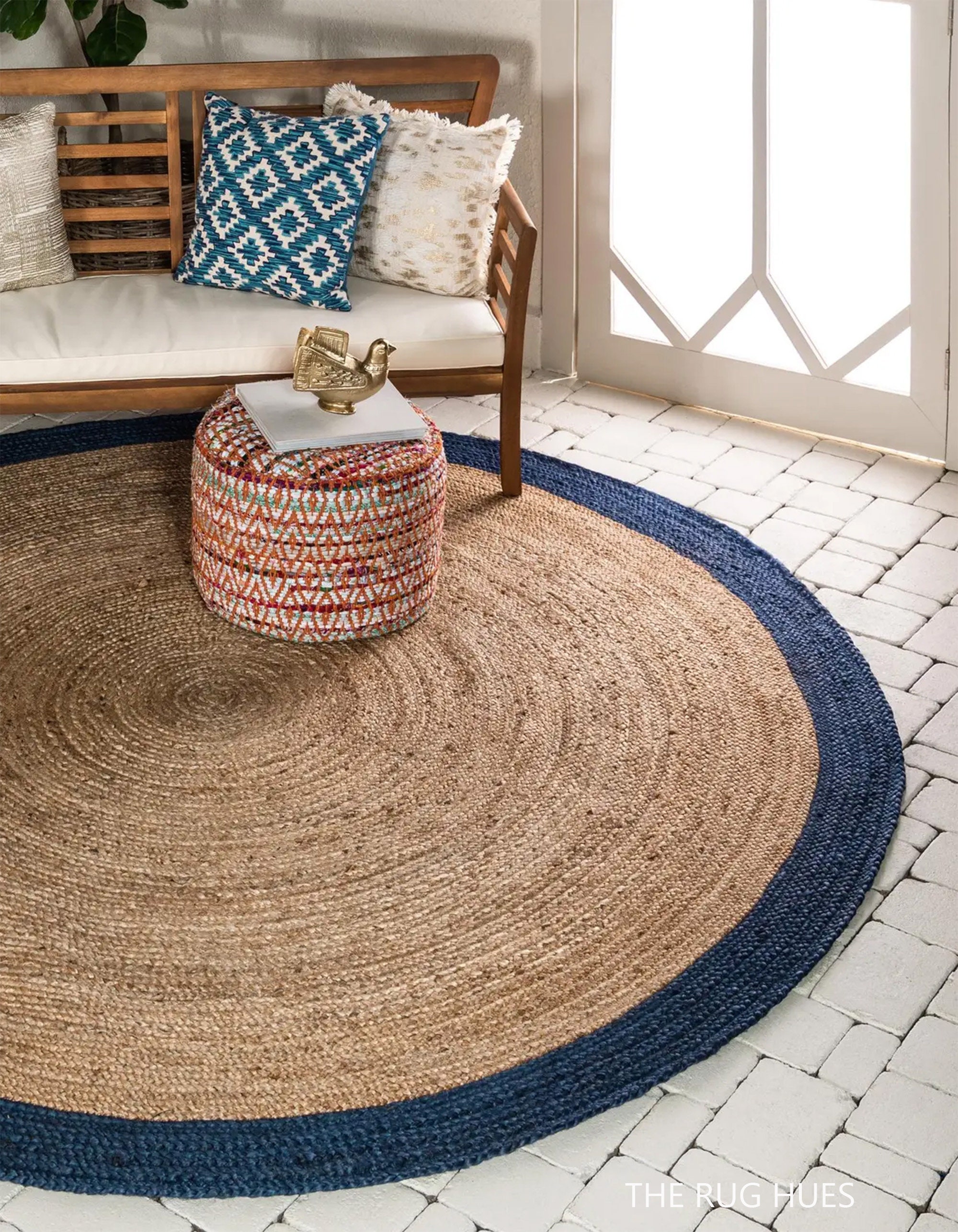 4x4, 5x5, 6x6, 7x7 Jute Natural Round Rug With Navy Border Braided Jute ...