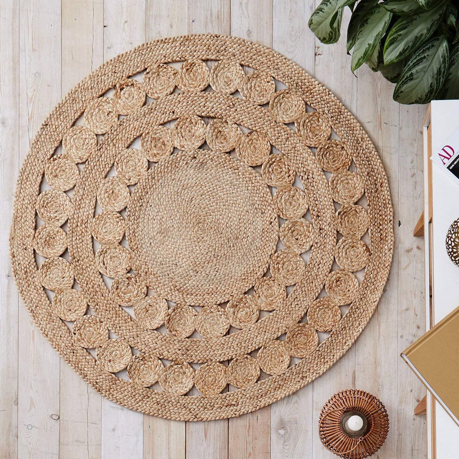 4x4, 5x5, 6x6, 7x7 Jute Natural Round Rug, Designer Round Rug Braided ...