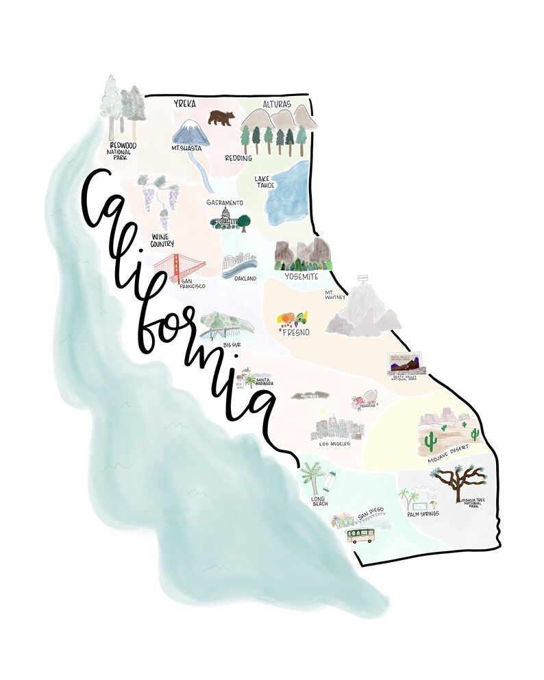 Watercolor State Print, California Art, California Print, Digital Print ...