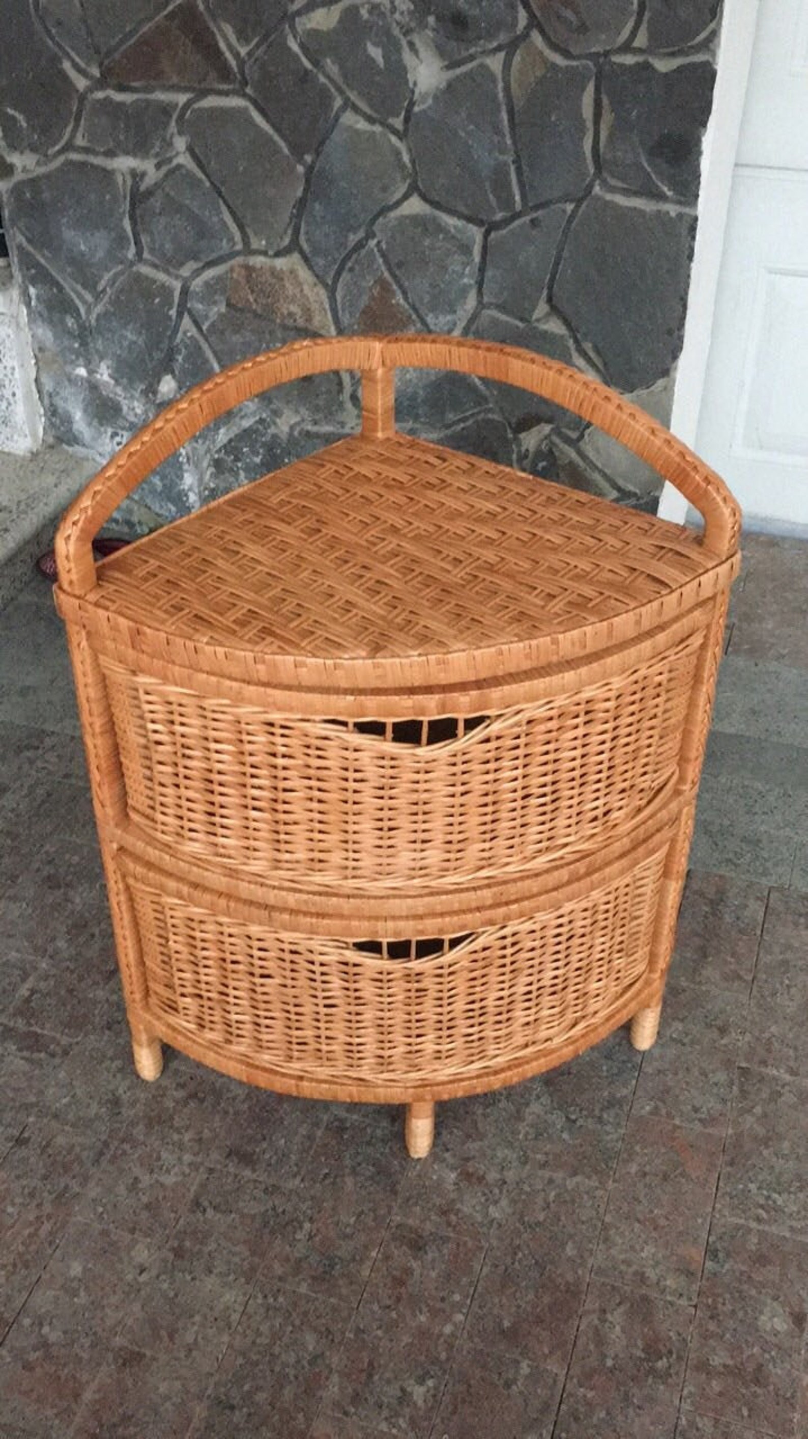 Corner 2-tier Wicker Drawer, Wood Small Chest of Drawers, Rattan Boho ...