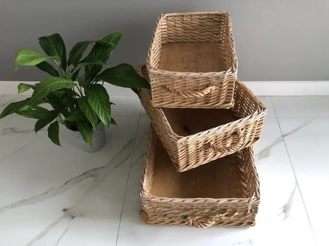Woven Storage Basket, Rectangular Basket, Set of 3 Wicker Basket ...
