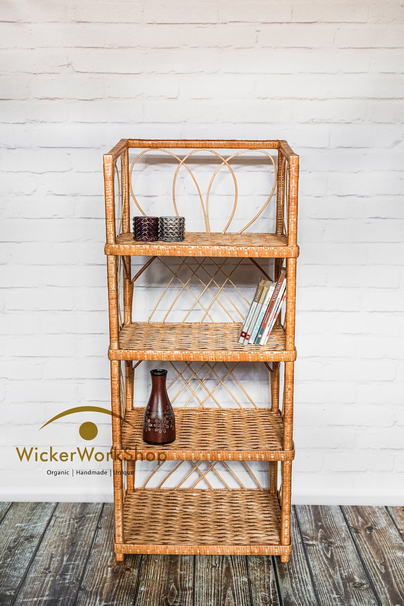 Rattan Bookshelf, Wicker Free Standing Bookshelf, Handmade Rattan Shelf ...