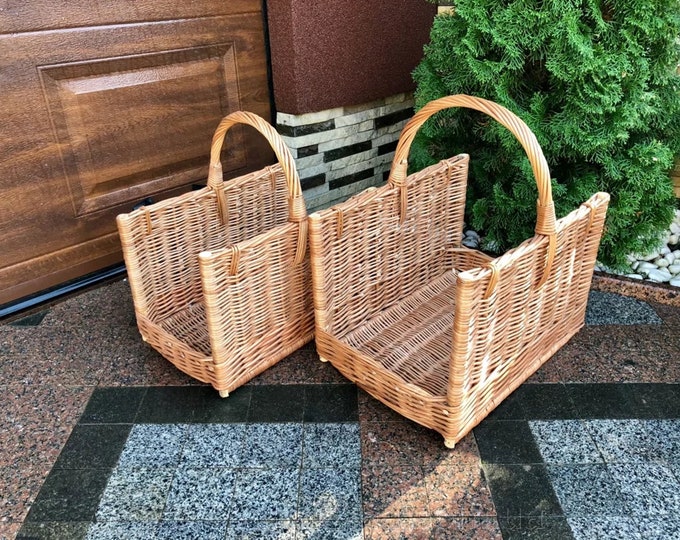 Wood Strip Fireplace Basket, Large Wicker Basket, Farmhouse Decor ...