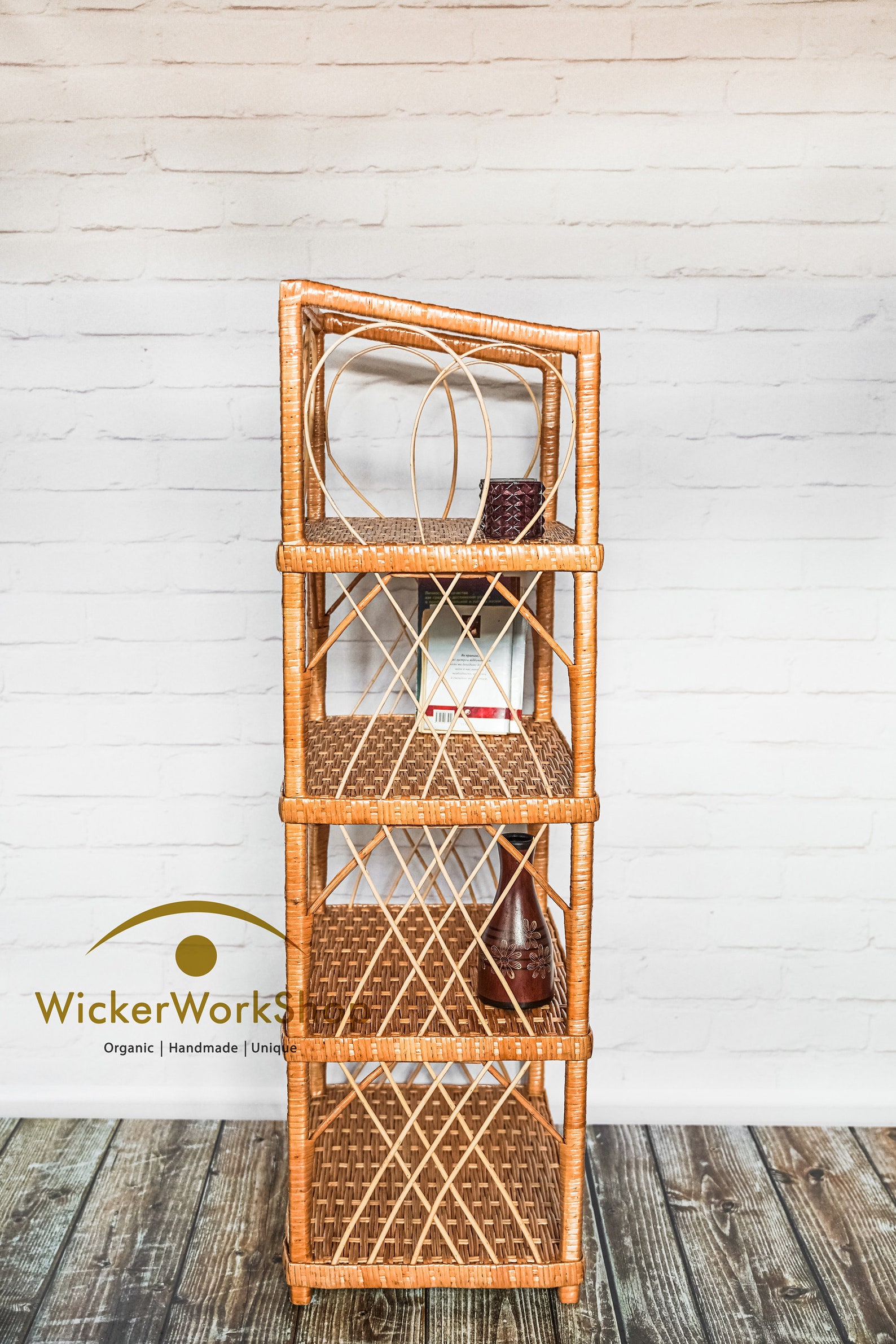 Rattan Bookshelf, Wicker Free Standing Bookshelf, Handmade Rattan Shelf ...