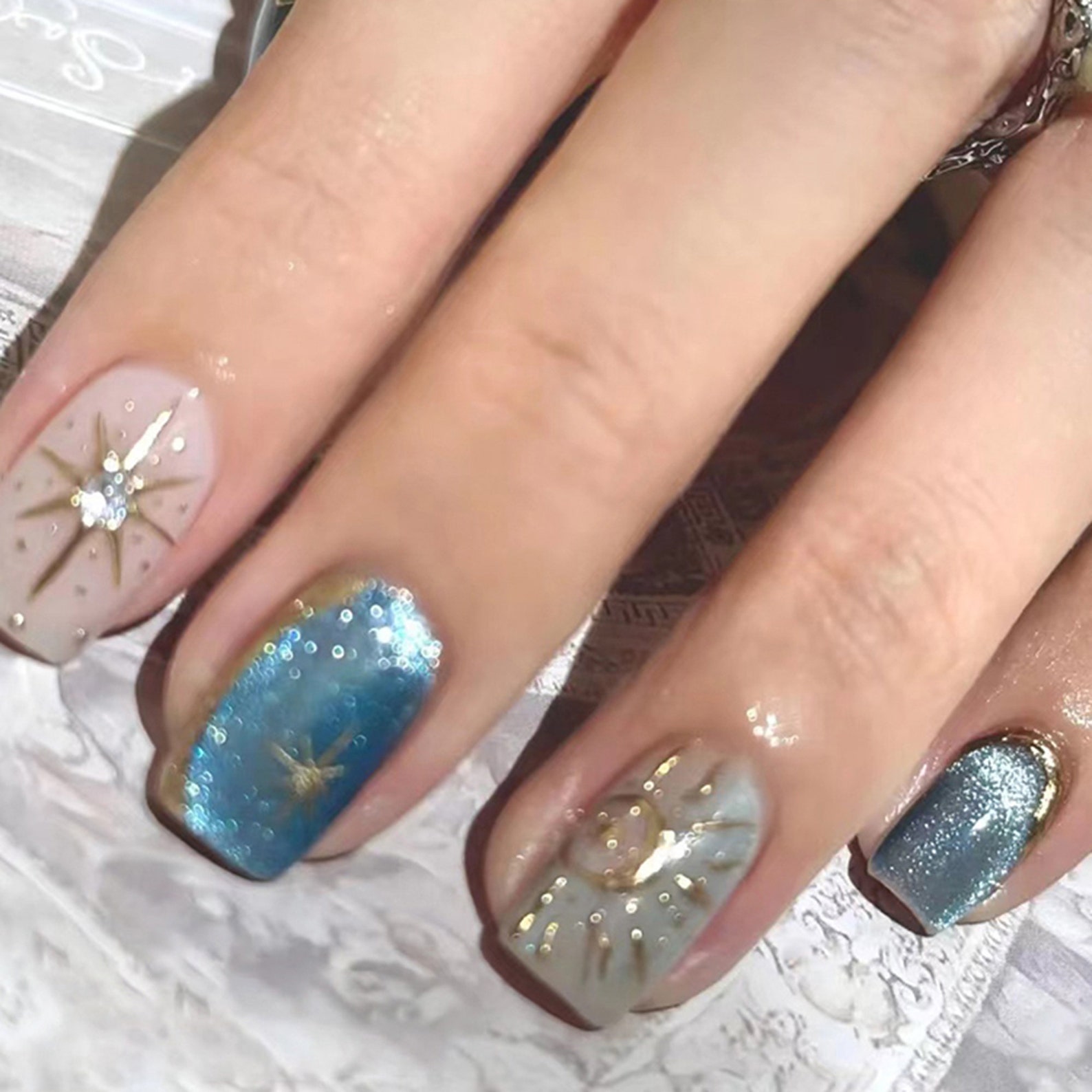 Hand Painted Star Moon Cat Eye Press on Nails: Fairy Prom Nails - Etsy