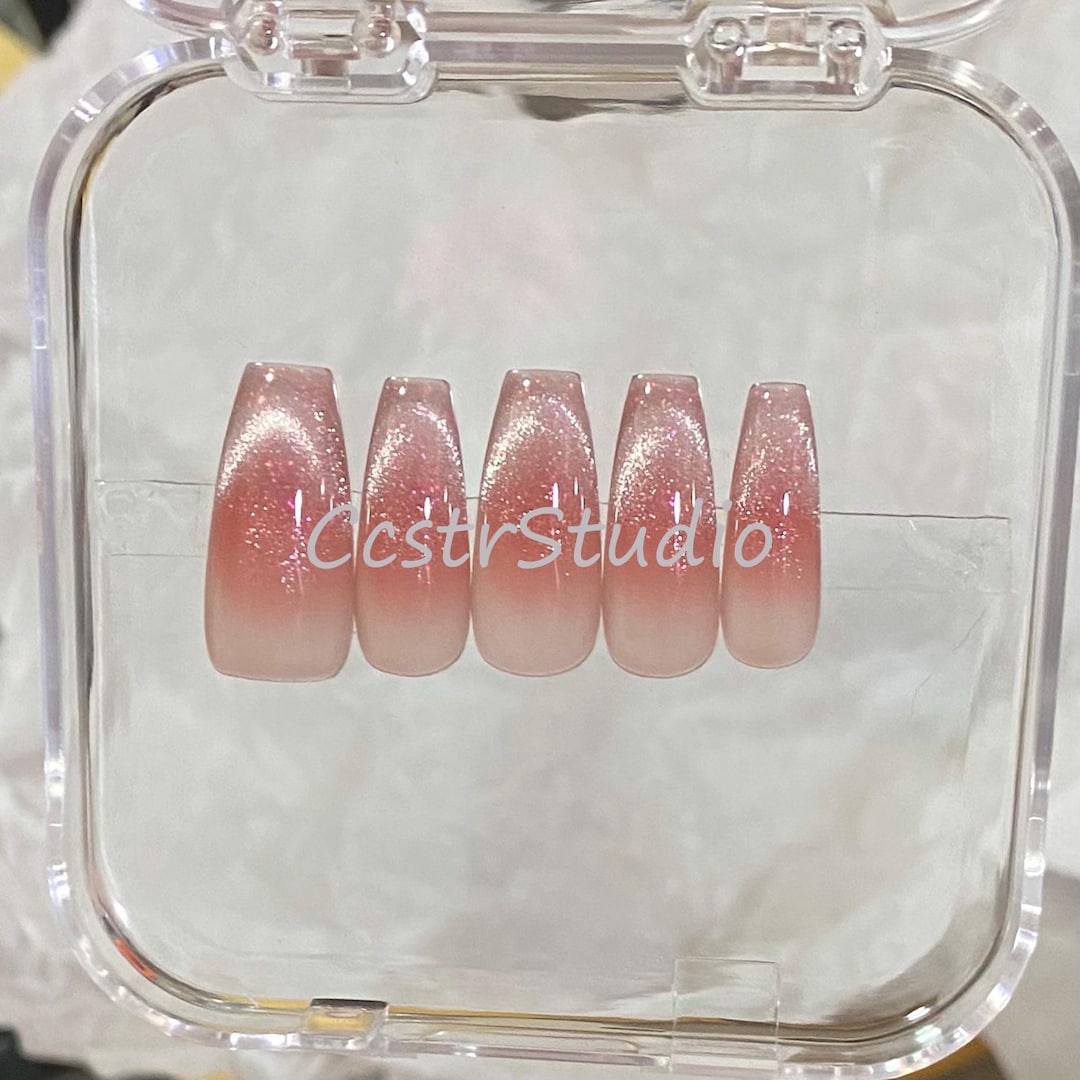 Pink Cat Eye Crystal Press on Nails: Long Pointed Handmade False Nails ...