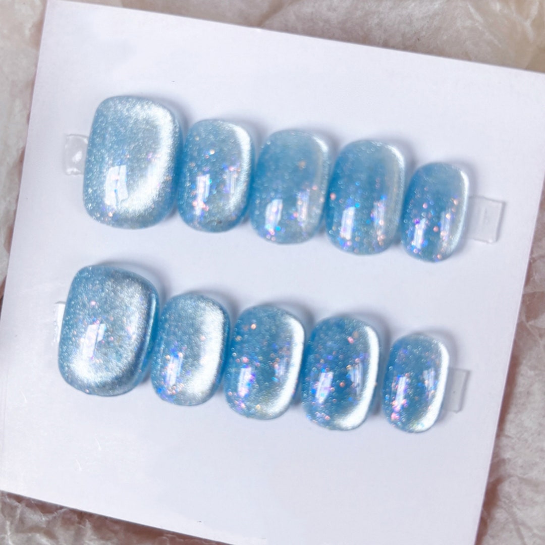 Reusable Sky Blue Cat Eye Nails, Gel Nails, Deluxe Press on Manicure ...