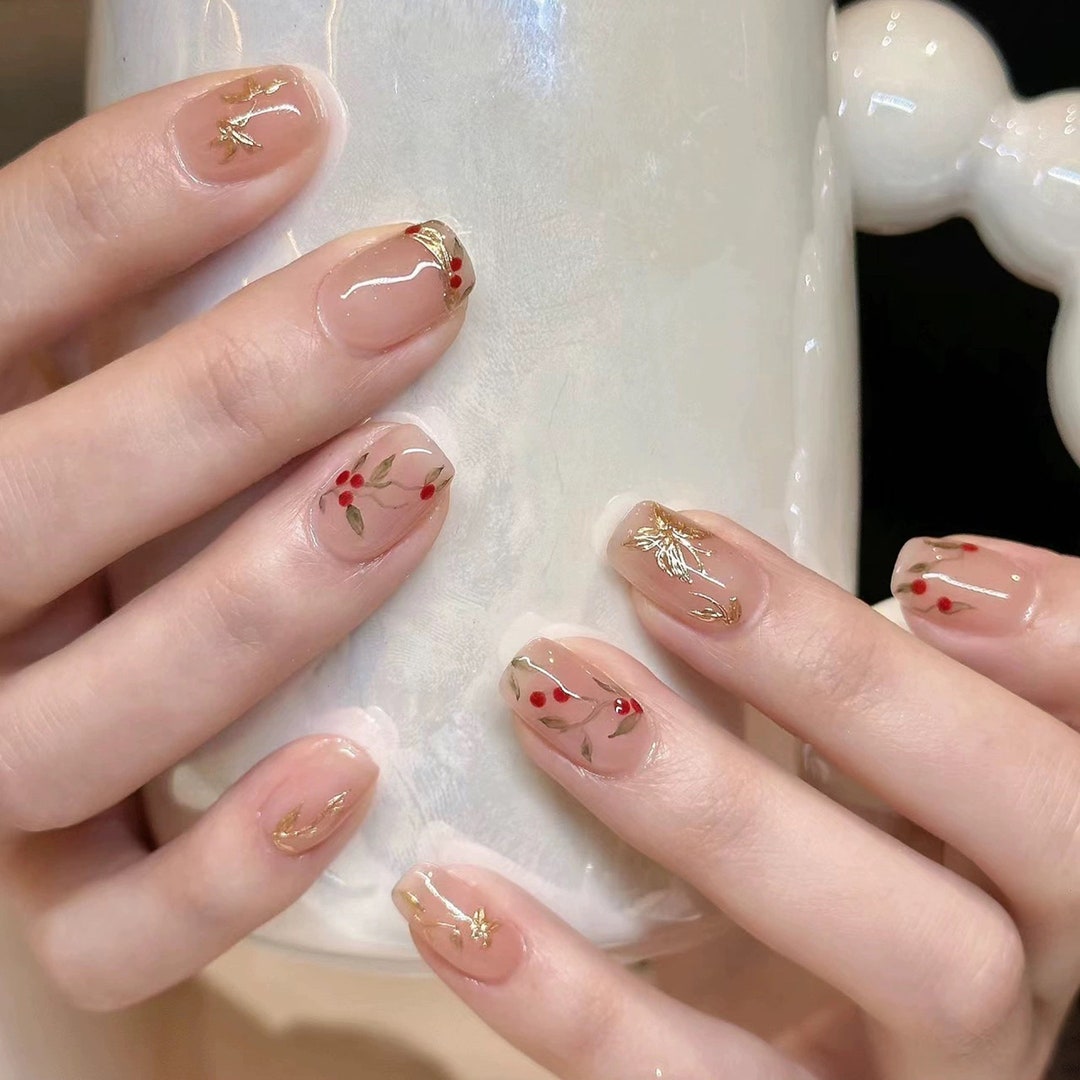 Butterfly Red Bean Nails, Handmade Press on Nails, Wearable Nail Art ...