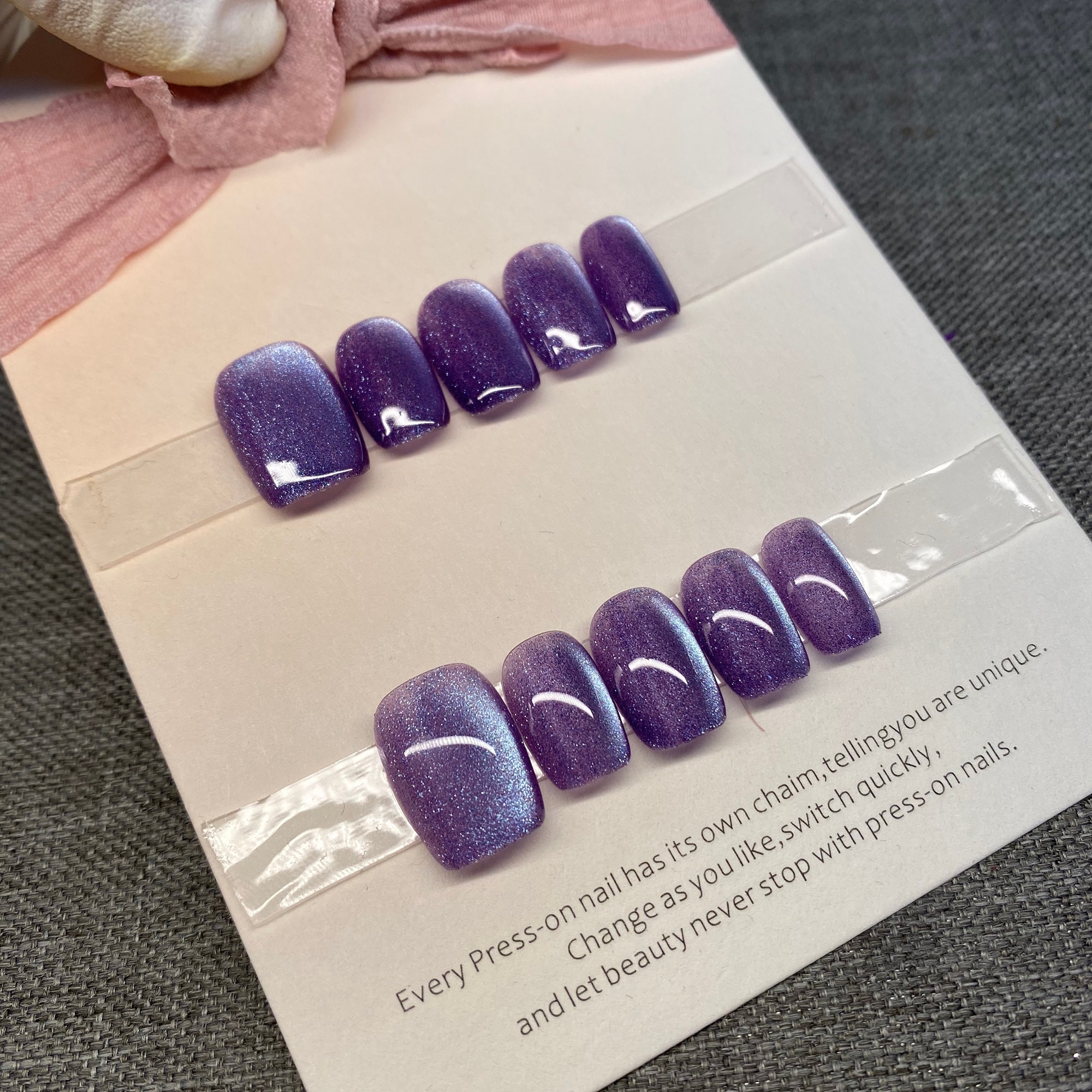 Purple Cat Eye Nails, Glitter Purple Cat Eye Nails, Fake Nail Patches ...