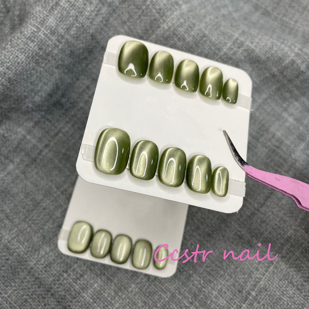 Grass Green Cat Eye Nails, Summer Nails, Pretty Cat Eye Nails, Delicate ...