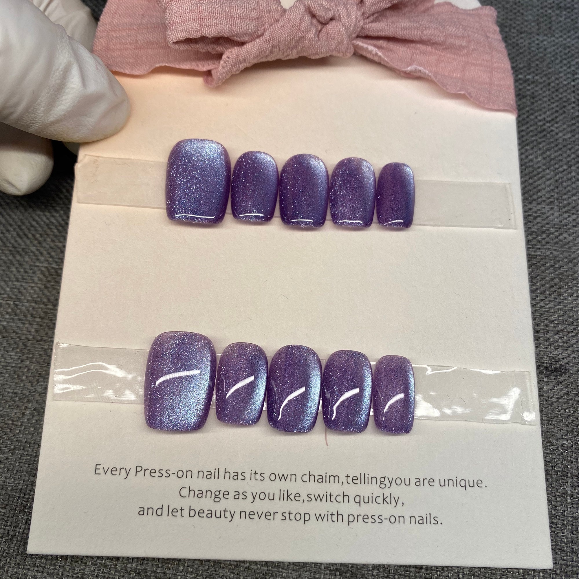 Purple Cat Eye Nails, Glitter Purple Cat Eye Nails, Fake Nail Patches ...