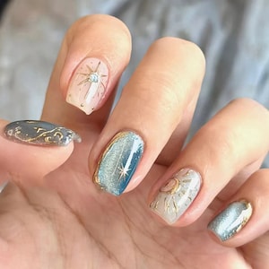 Hand Painted Star Moon Cat Eye Press on Nails: Fairy Prom Nails - Etsy