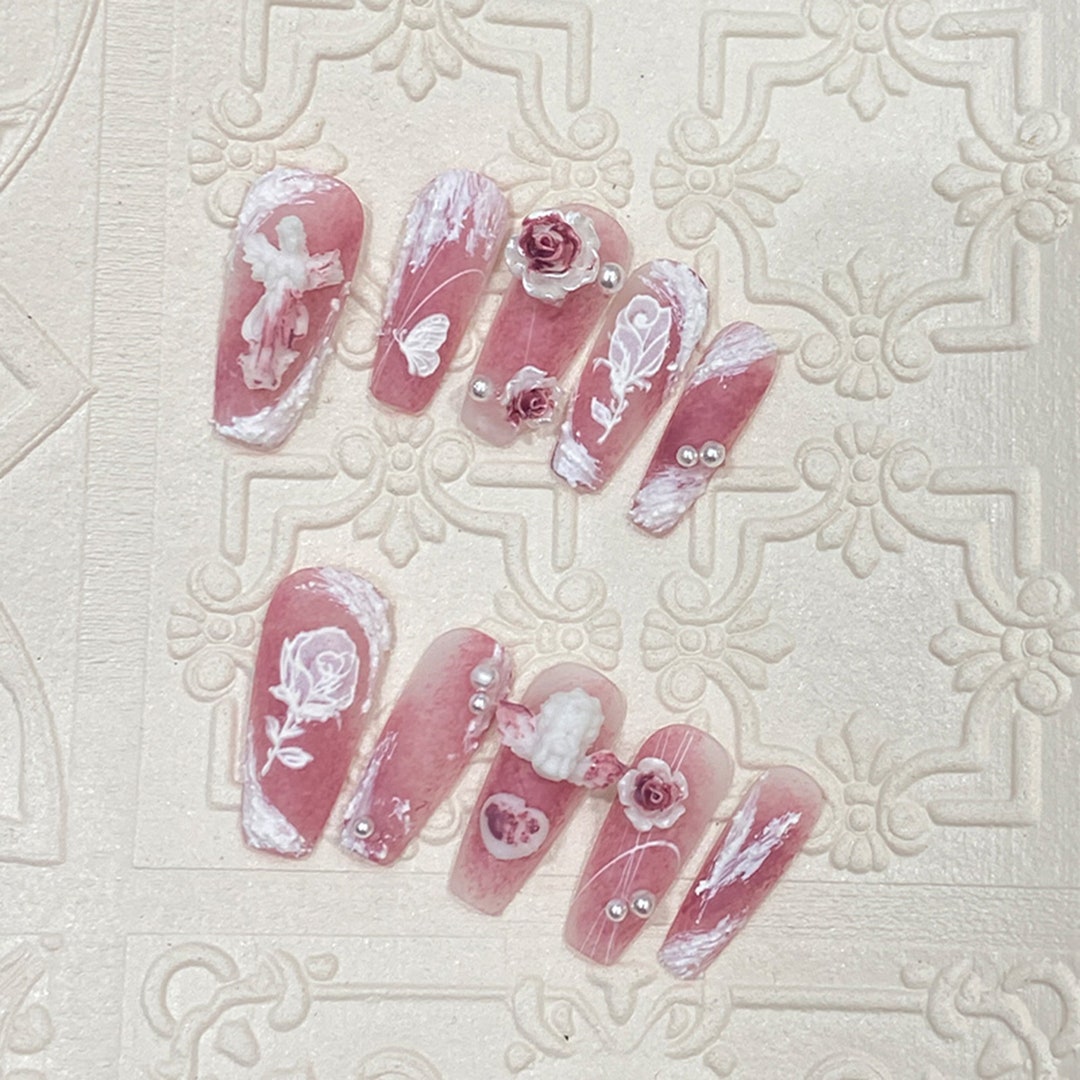 Rose Manor Pink Angel Rose Nails, Baroque Gesso Press on Nails, Gentle ...