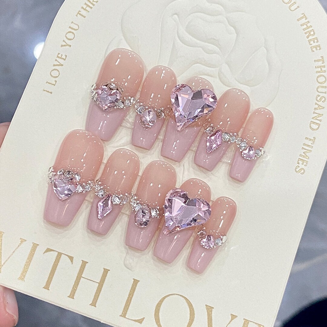 Pink French Diamond Nails, Rose Maiden Diamond Nails, Bridal Nails for ...