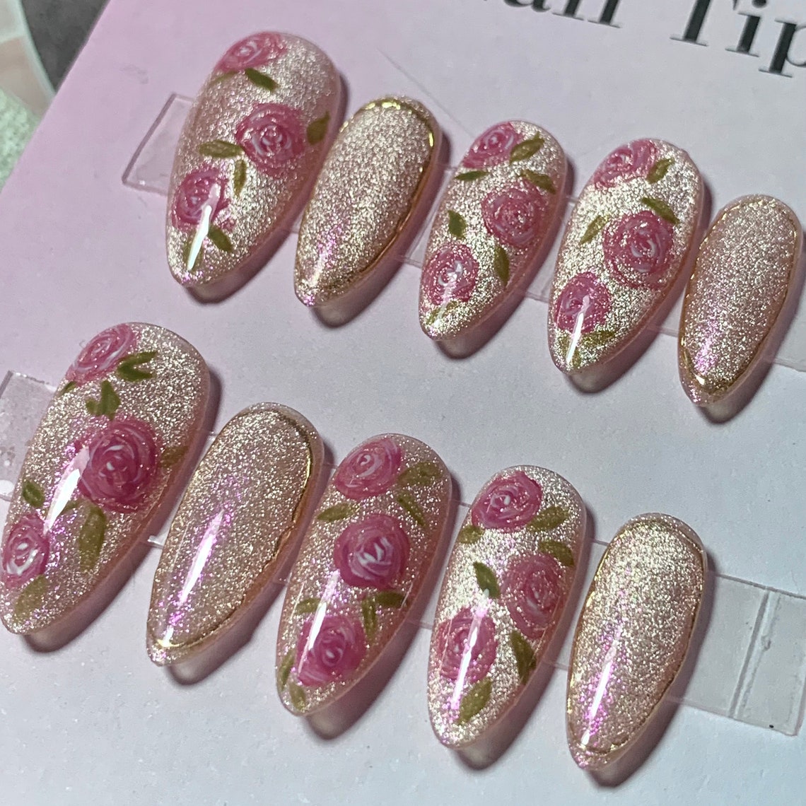 Hand-painted Rose Press-on Nails: Cat's Eye Simple Line Nail Art - Etsy
