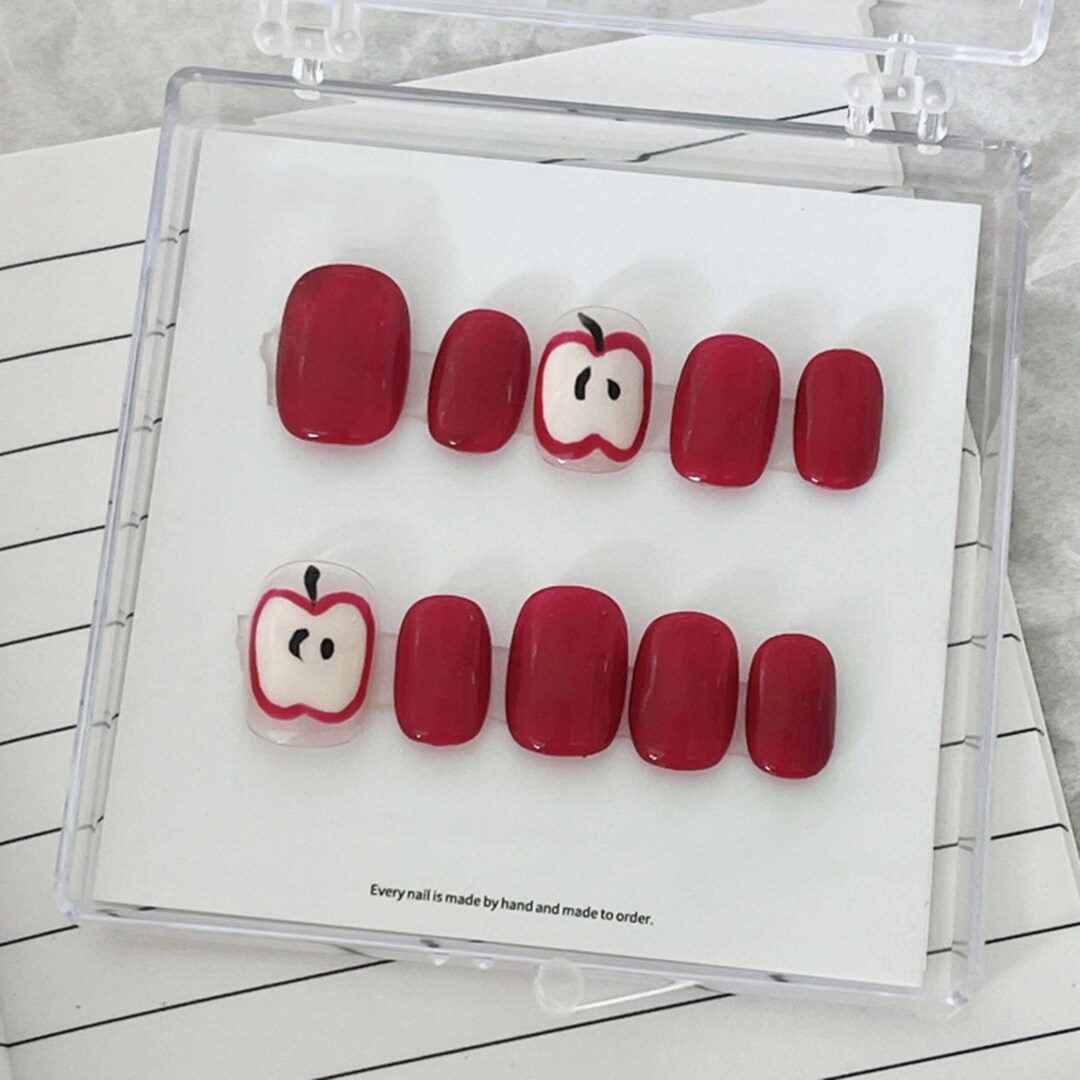 Red Apple Nails, Hand Painted Fruit Pattern Nails, Handmade Customized ...