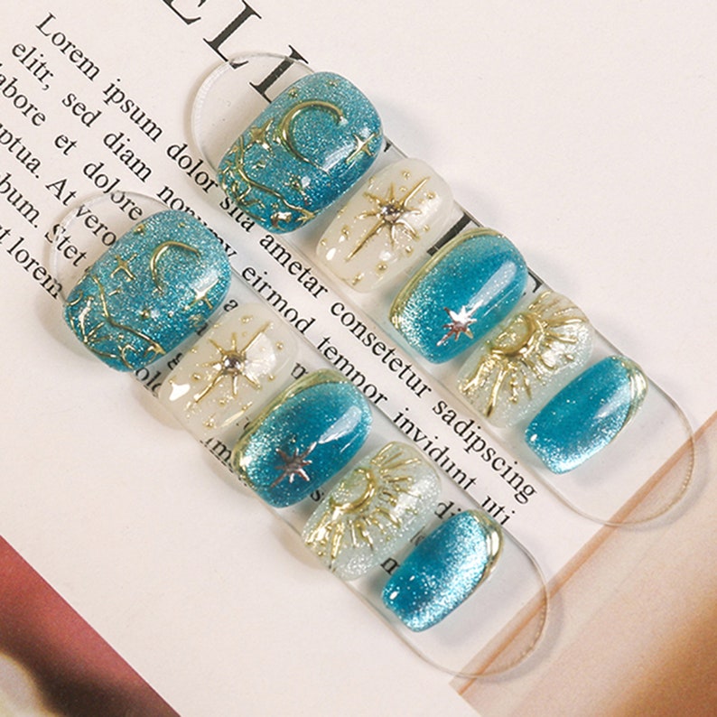 Hand Painted Star Moon Cat Eye Press on Nails: Fairy Prom Nails - Etsy