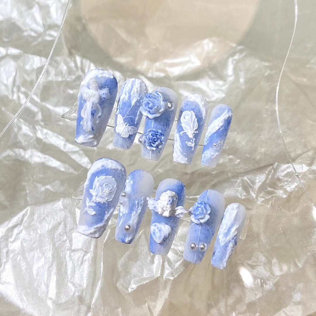 Blue Angel Rose Nails, Baroque Plaster Pressed Nails, Gentle Nails ...