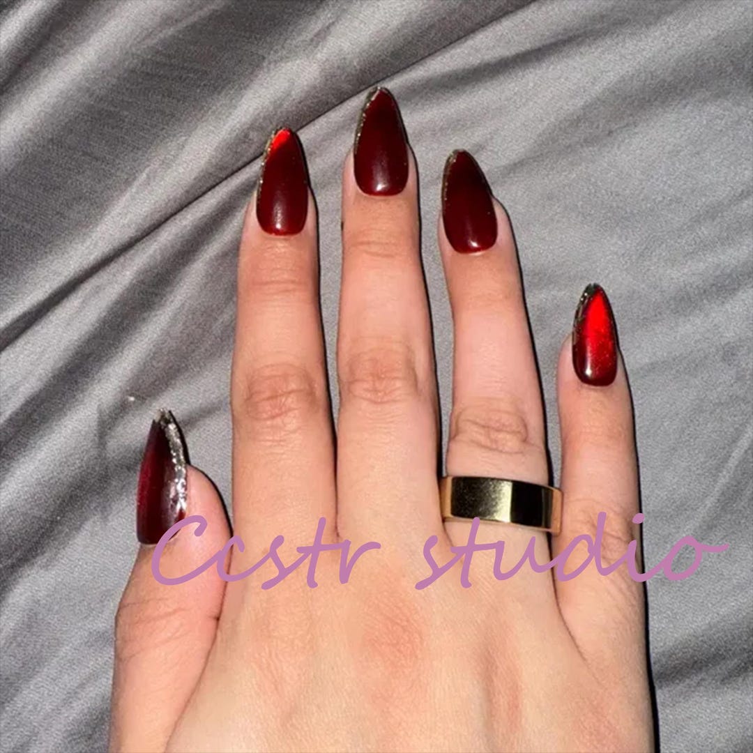 Handmade Ruby Cat Eye Press on Nails: Gold French Tip Nail Art - Etsy