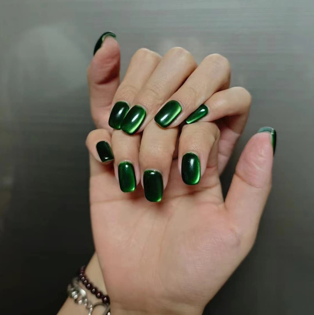 Green Cat Eye Nails, Emerald Green Jade Cat Eye Nails, Luxury Press-on ...