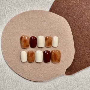 Burgundy Caramel Swoosh Nails, Handmade Press on Nails, Luxury Nails ...