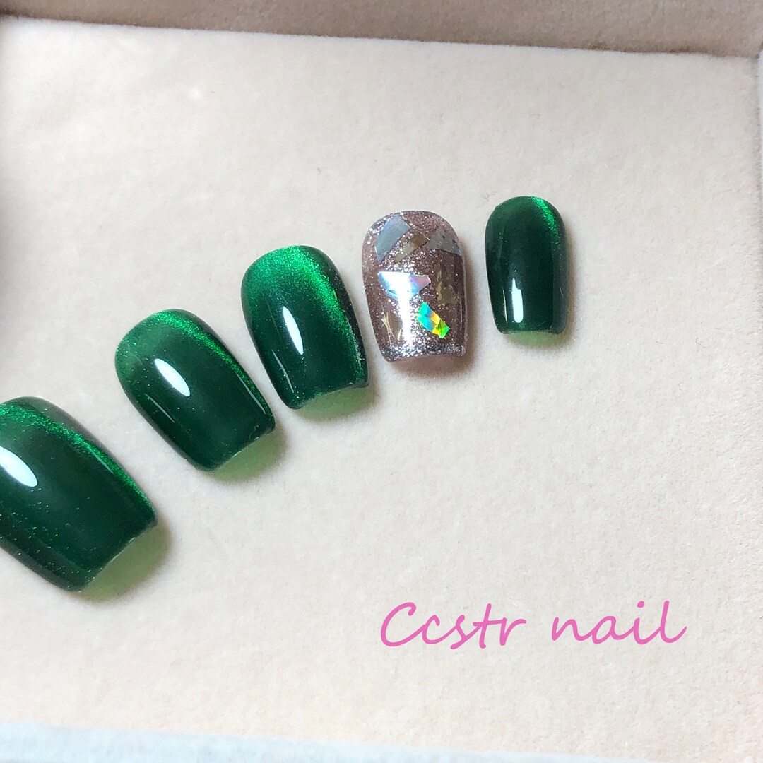 Emerald Green Cat Eye Nails, Diamond Cat Eye Nails, Handmade Pressed ...