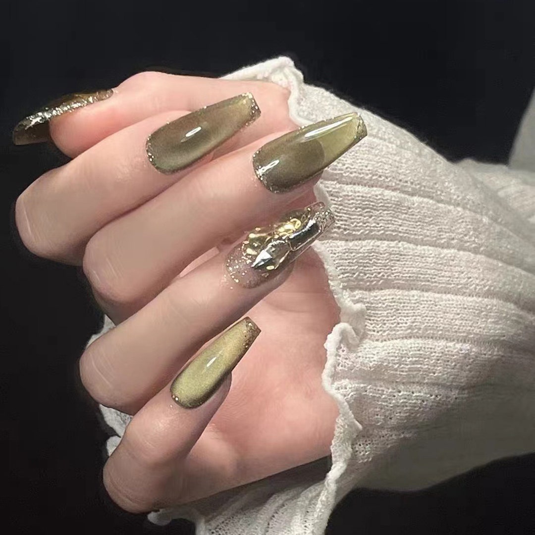 Green Cat Eye Press on Nails: Gold Diamond Handmade Bridal Nails - Etsy