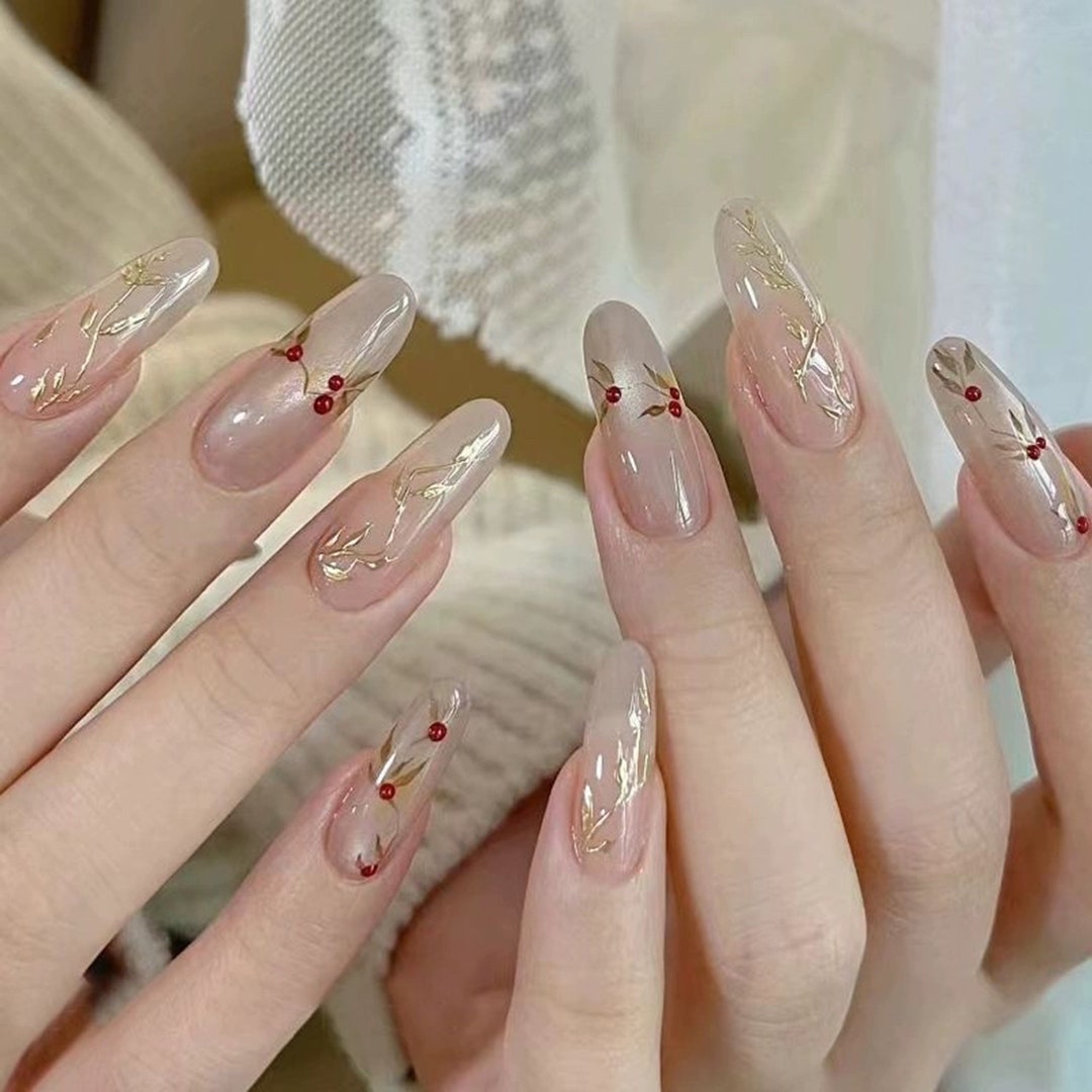 Hand Painted Red Bean Cat Eye Nails, Handmade Pressed Nails, Spring ...