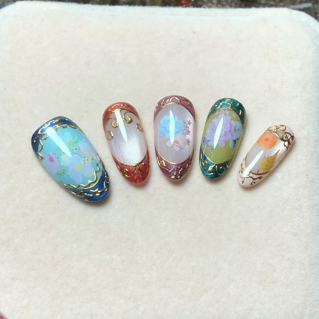Vintage Floral Press on Nails: Baroque Hand-painted Gel Art Tips - Etsy
