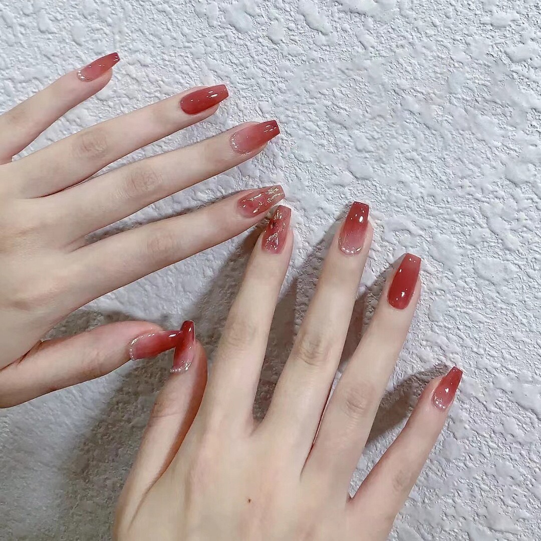 Strawberry Red Gradient Nails, Hand-painted Pearl Bridal Nails, Gentle ...