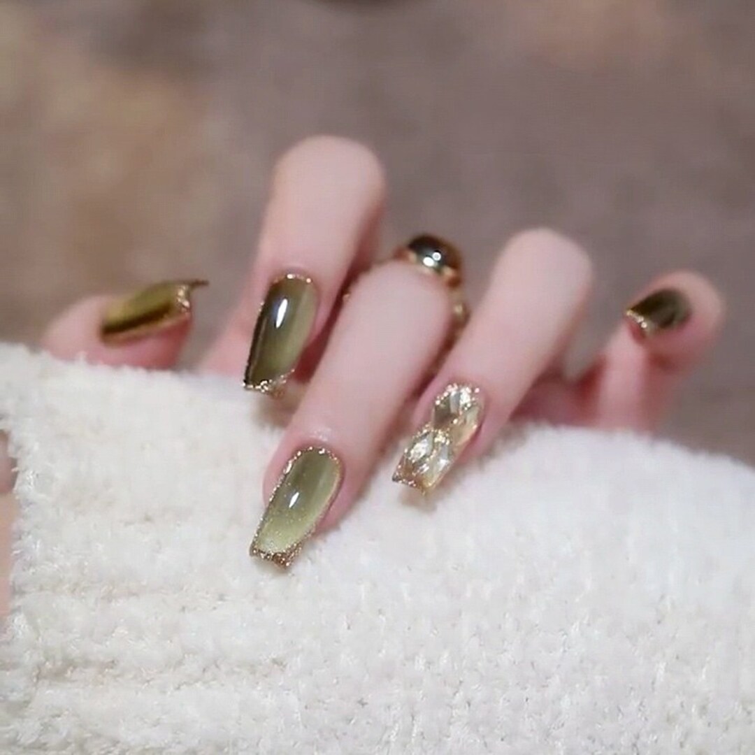 Green Cat Eye Press on Nails, Gold Diamond Nails, Handmade Custom Nails ...