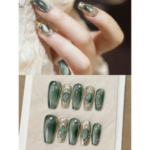 Green Cat Eye Press on Nails: Handmade Gem Nail Art - Etsy