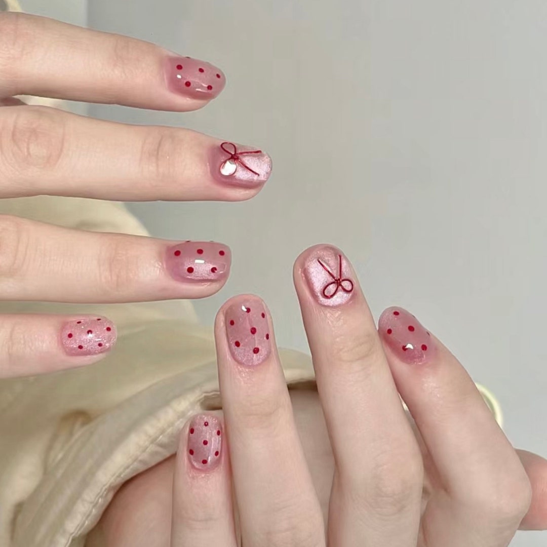 Pink Cat Eye Polka Dot Bow Nails, Minimalist Short Nails, Glitter Cat ...